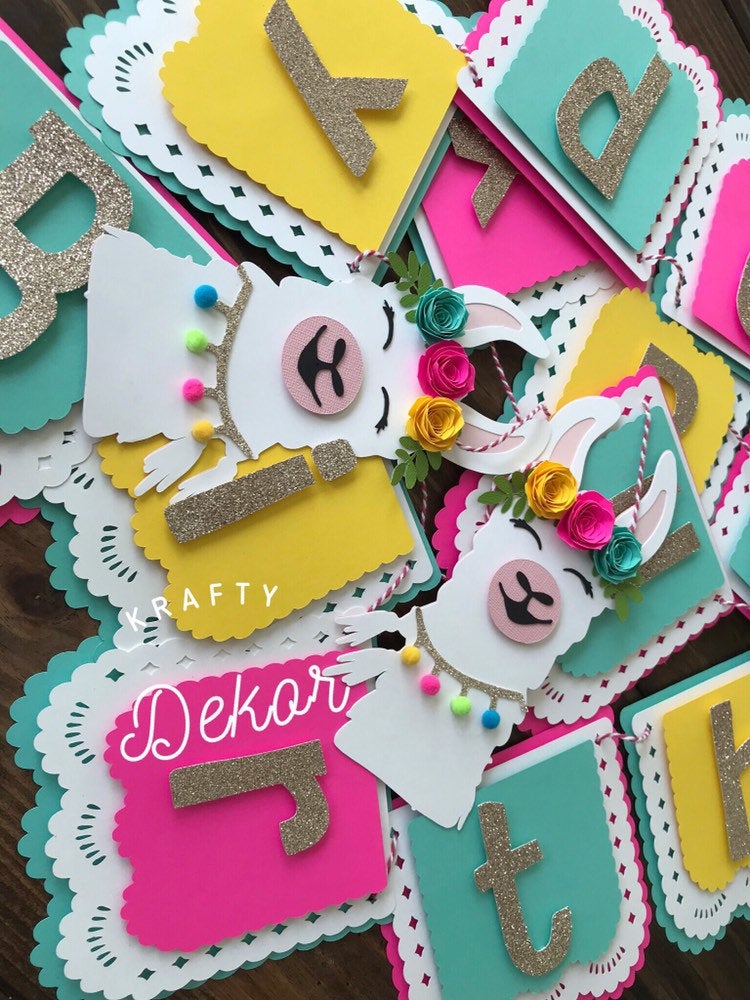 Llama happy birthday banner, llama banner, llama party décor, cactus p ...