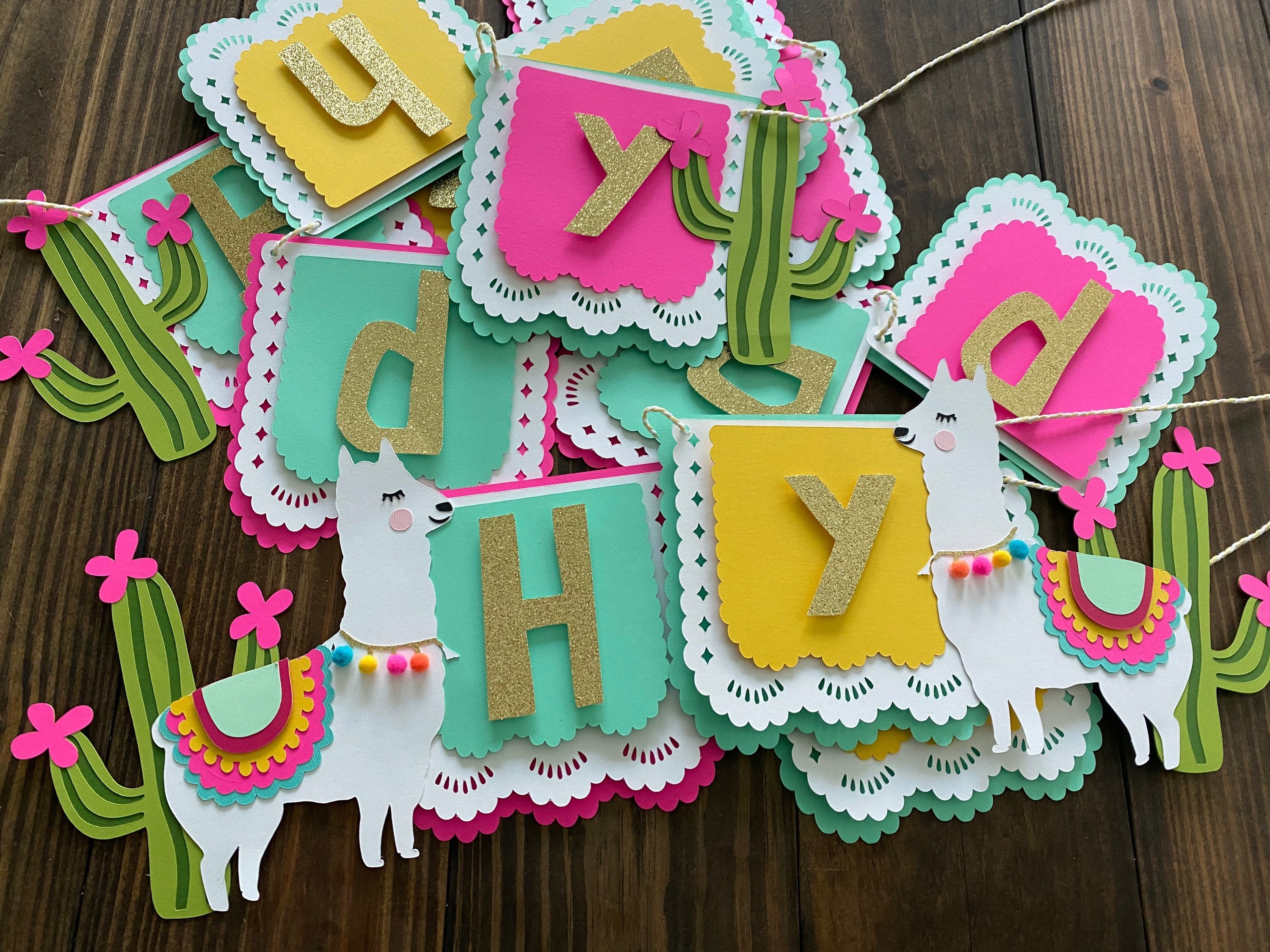 Llama happy birthday banner, llama banner, llama party décor, cactus p ...