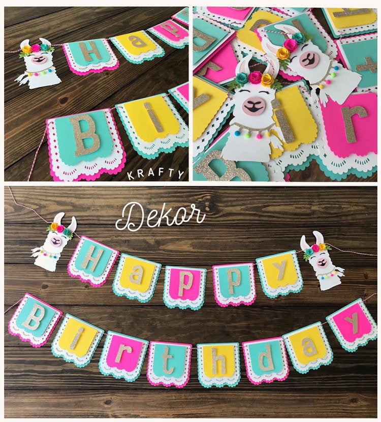 Llama happy birthday banner, llama banner, llama party décor, cactus p ...